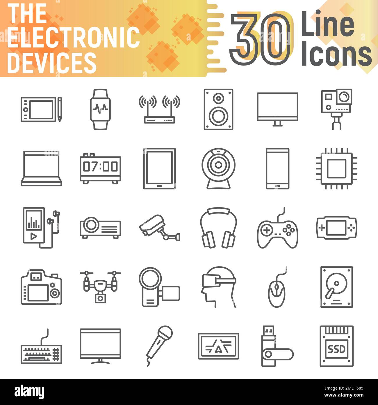 Jeu d'icônes de ligne de dispositifs électroniques, collection de ...
