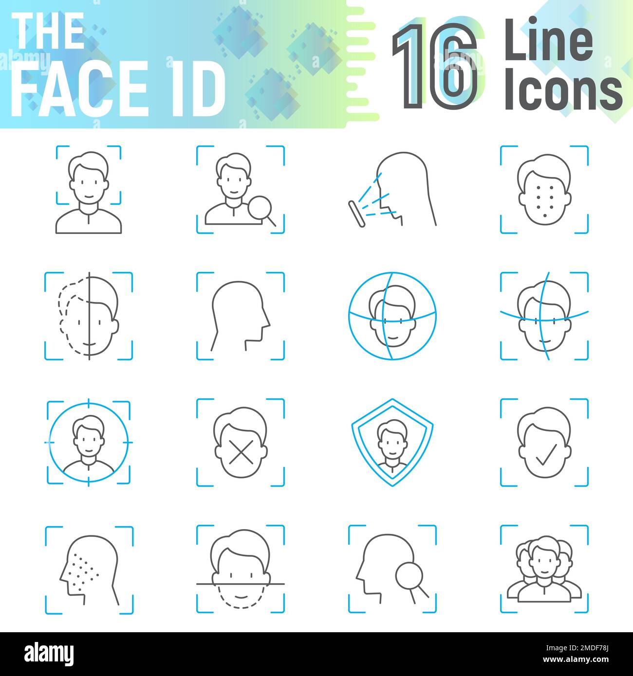 Jeu d'icônes de traits fins d'identification des visages, collection de ...