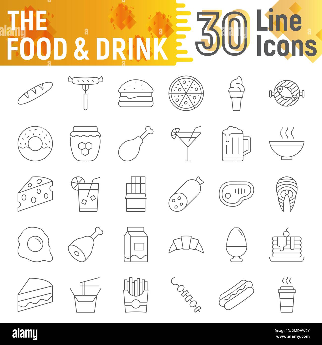 Ensemble d'icônes à lignes fines pour aliments et boissons, collection ...