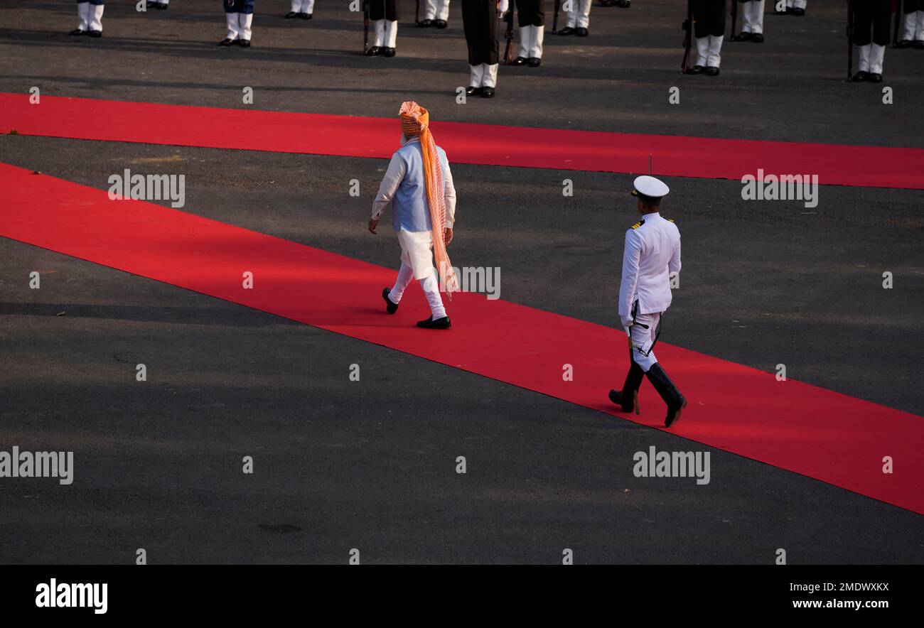 Indian Prime Minister Narendra Modi inspects a joint military guard of ...