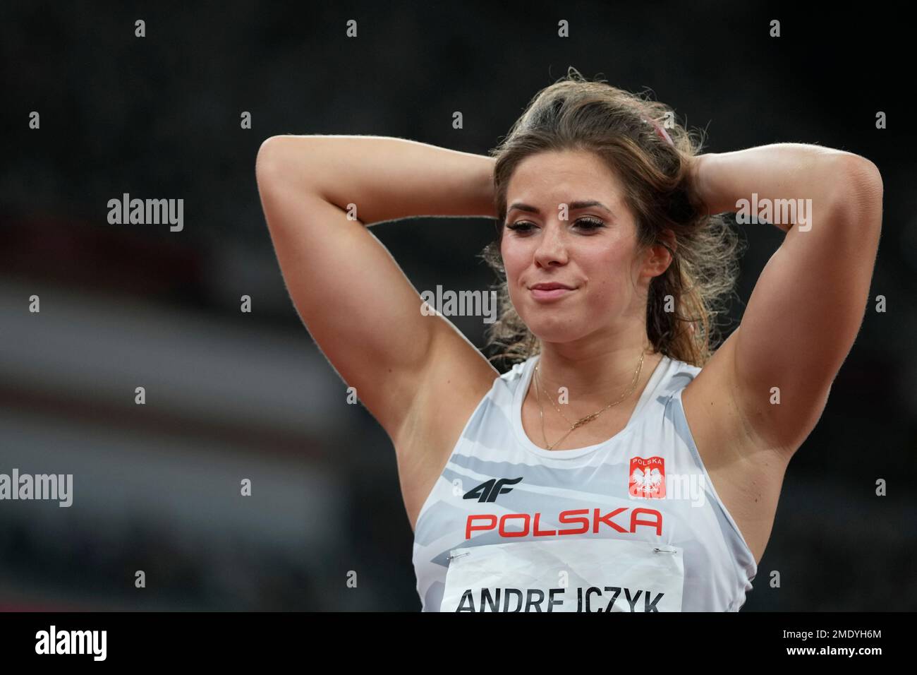 Maria Andrejczyk, of Poland, reacts after winning the silver medal in ...