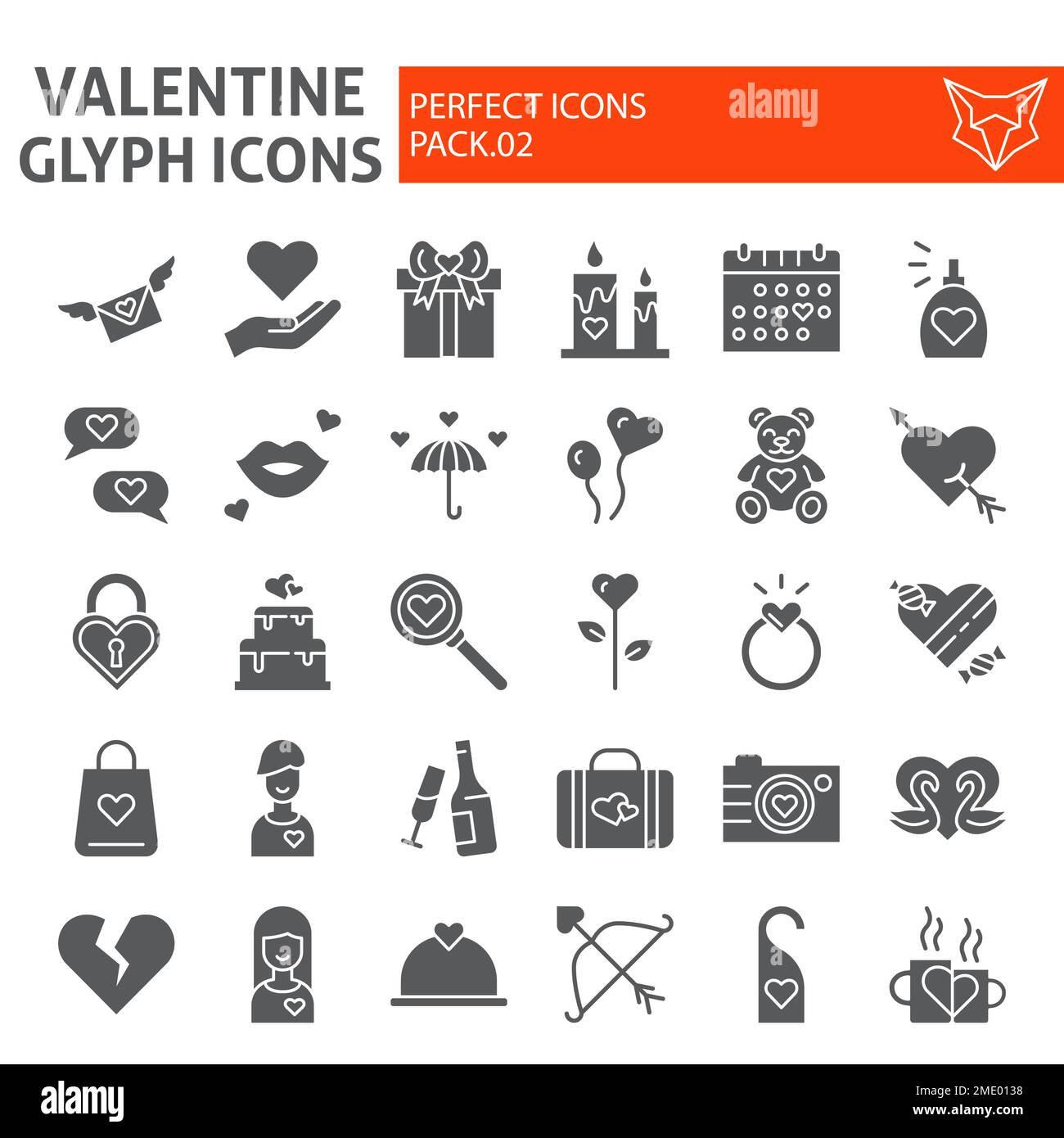 Jeu d'icônes glyphes de Saint-Valentin, collection de symboles ...