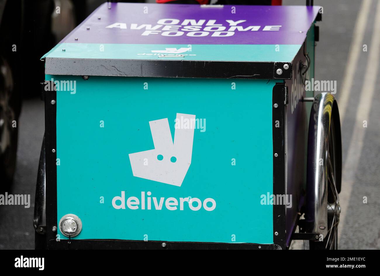 FILE - This Tuesday, July 11, 2017 file photo, shows a deliveroo logo ...