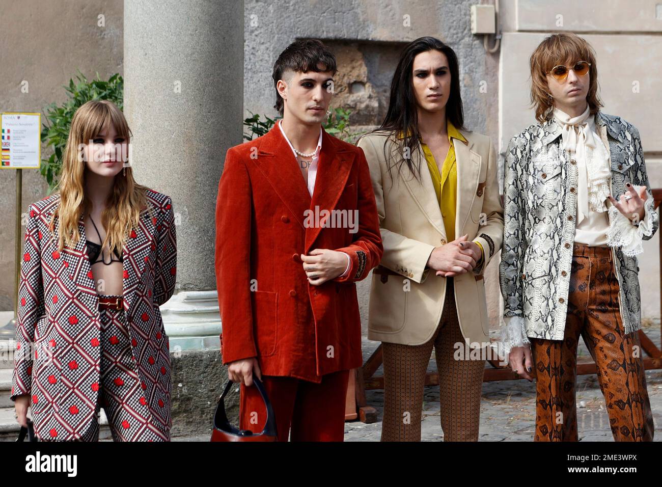 Members of the Maneskin band, from left, Victoria De Angelis, Damiano ...