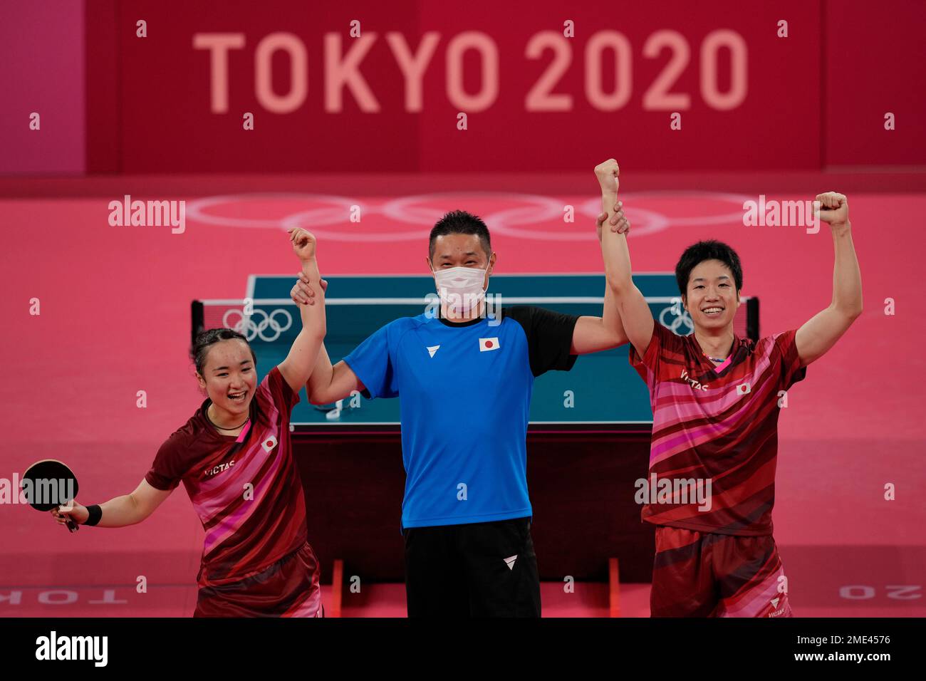 Japan's Mima Ito, left, and Jun Mizutani celebrate after winning the ...