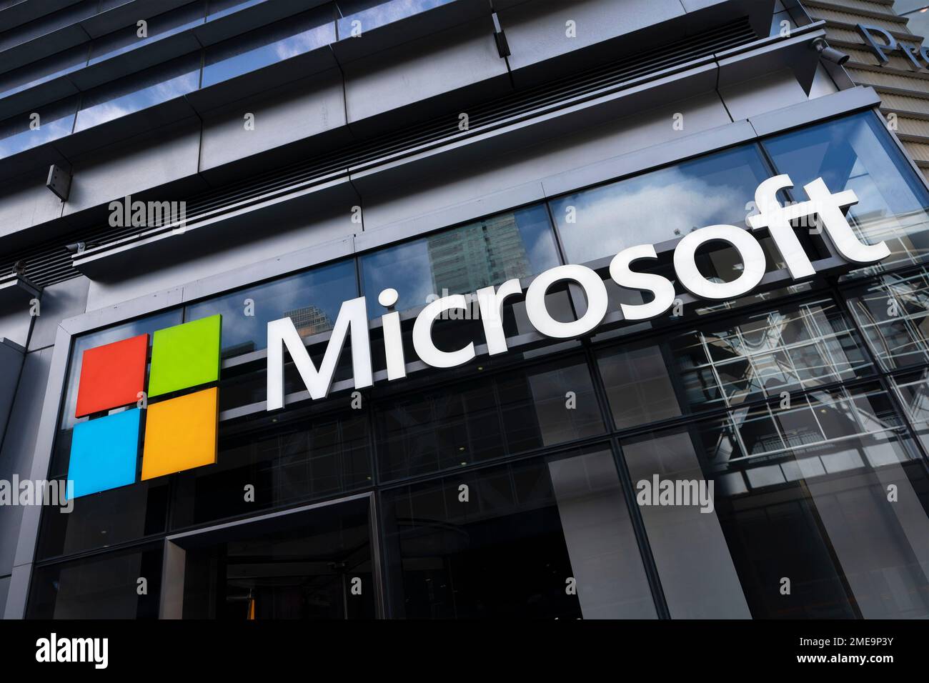 This May 6, 2021 photo shows a sign for Microsoft offices in New York ...