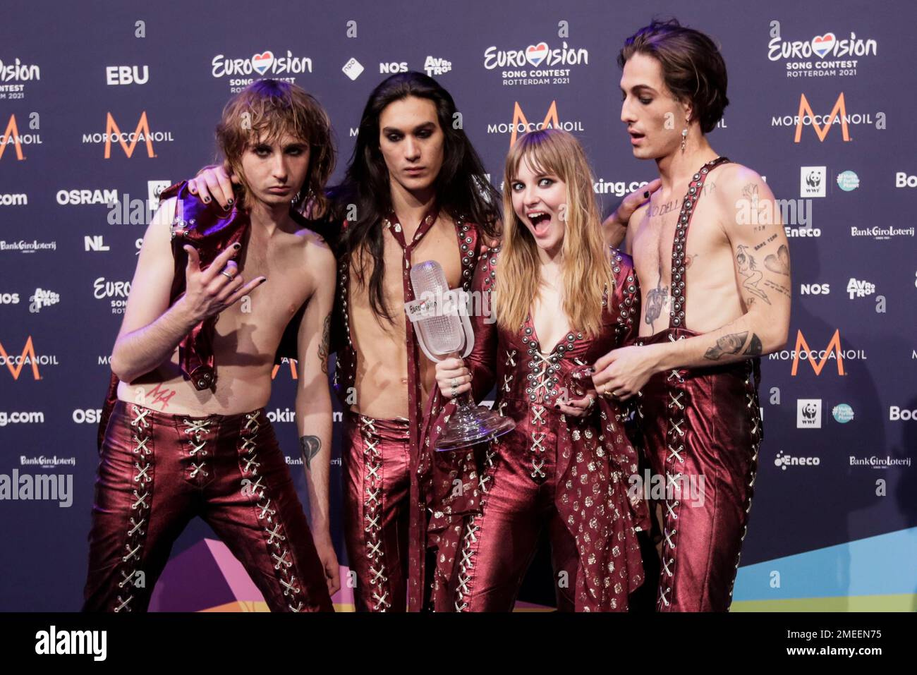 Members of the band Maneskin from Italy Thomas Raggi, from left, Ethan Torchio, Victoria De ...