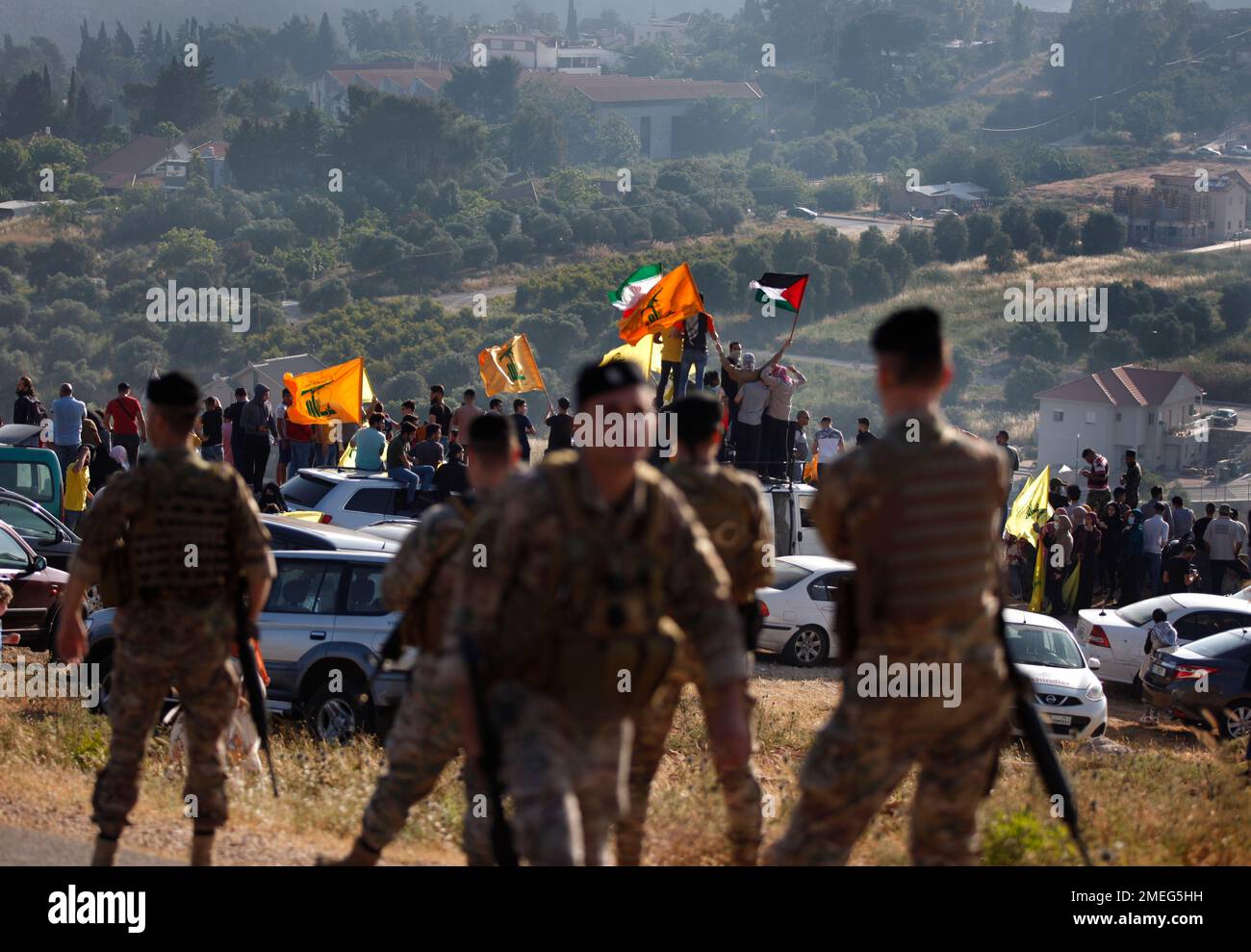 Hezbollah supporters wave their group, Iranian and Palestinian flags ...
