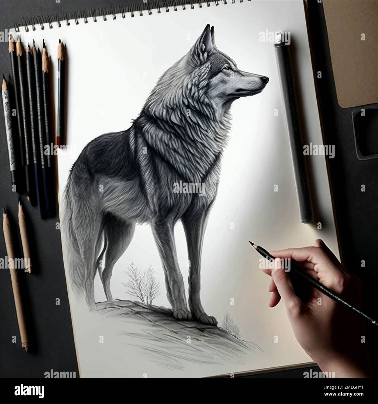 Photo en grand angle d'un loup dessinant en noir et blanc avec un stylo ...