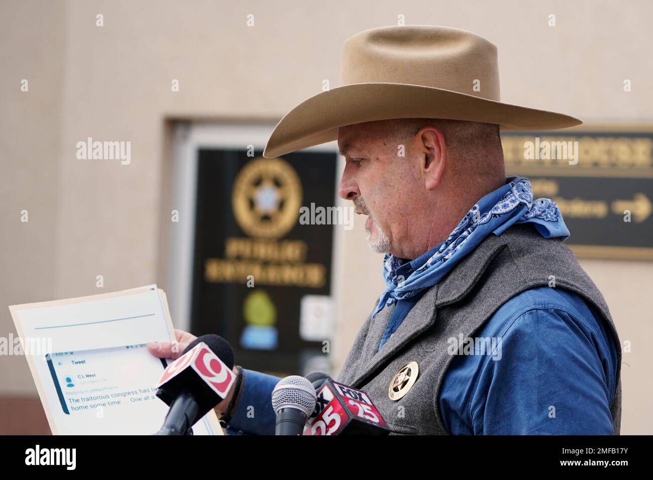Canadian County Sheriff Chris West speaks during a news conference in ...