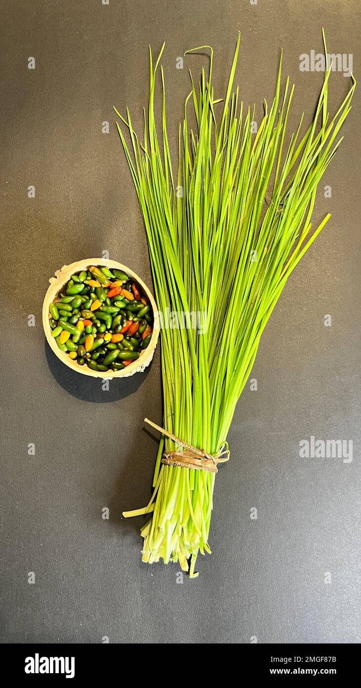 Ciboulette chinoise ou ciboulette à l'ail, accompagné de piment à la ...