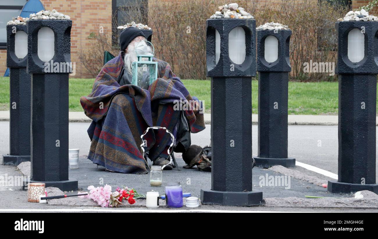 Rainbow Bear sits at a memorial for Allison Krause, Monday, May 4, 2020 ...