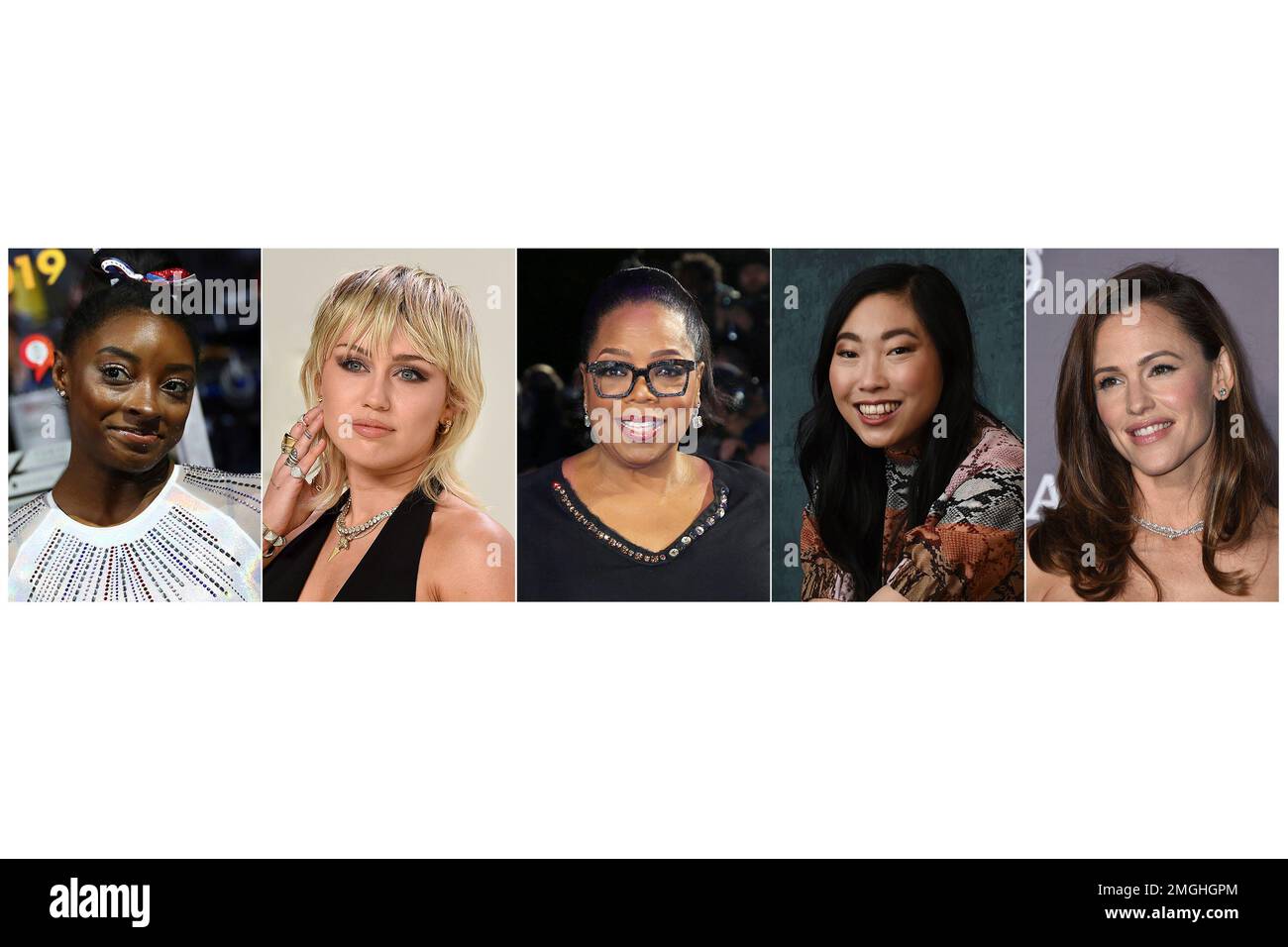 REMOVES REFERENCE TO CYRUS' SONG BEING NEW This combination photo shows, from left, U.S. gymnast ...