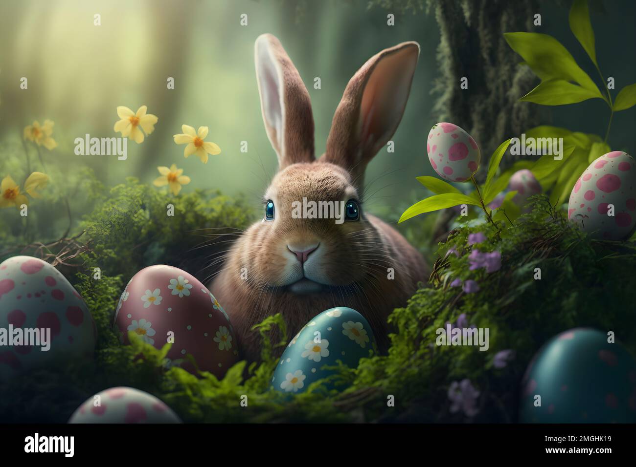 Lapin de Pâques dans le trou de la forêt parmi les oeufs de Pâques. Le ...