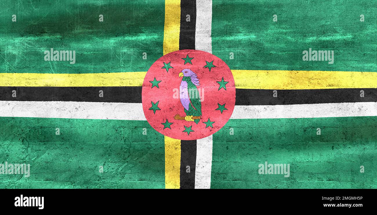 Drapeau de la Dominique - drapeau de tissu d'ondulation réaliste avec quelques rayures Photo ...