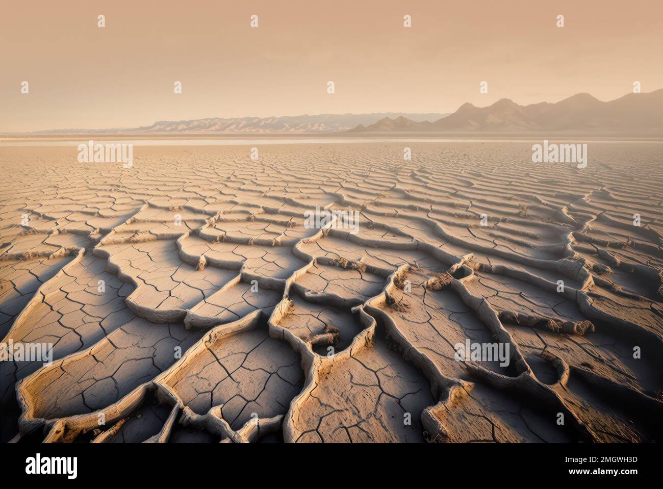 Lit de lac séché et ciel couvert de nuages de poussière, paysage de ...