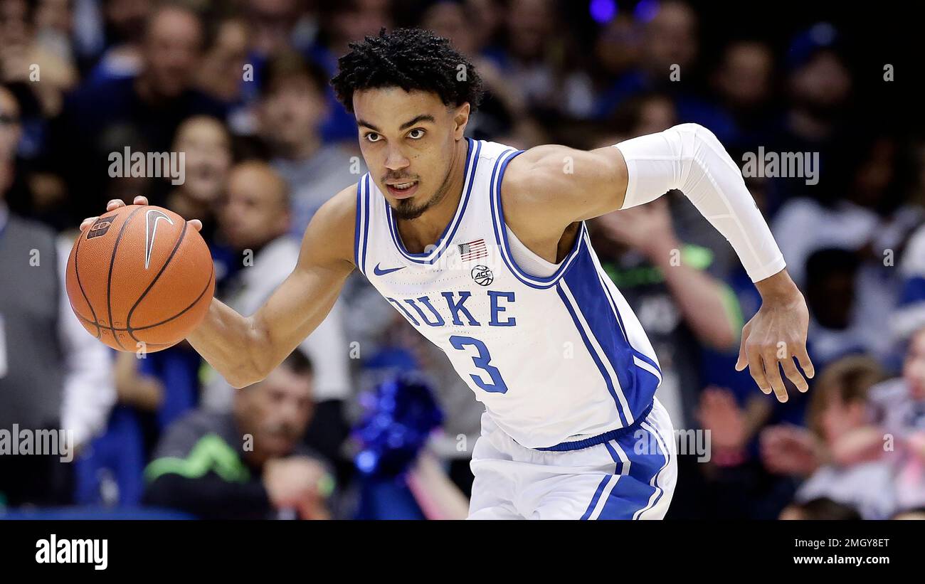 Duke guard Tre Jones (3) dribbles against Notre Dame during the second ...