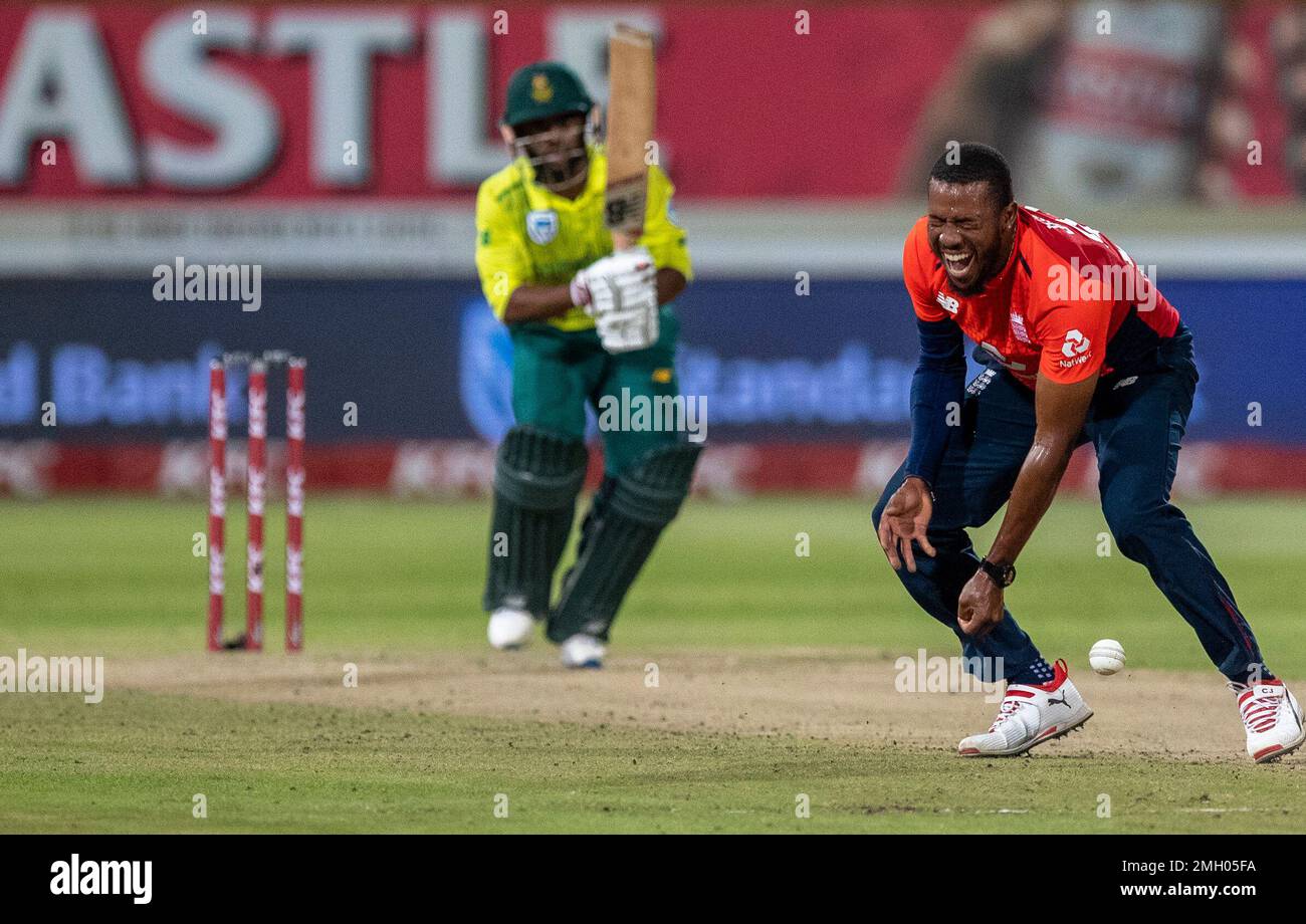 England's bowler Chris Jordan, right, reacts after attempting to catch ...