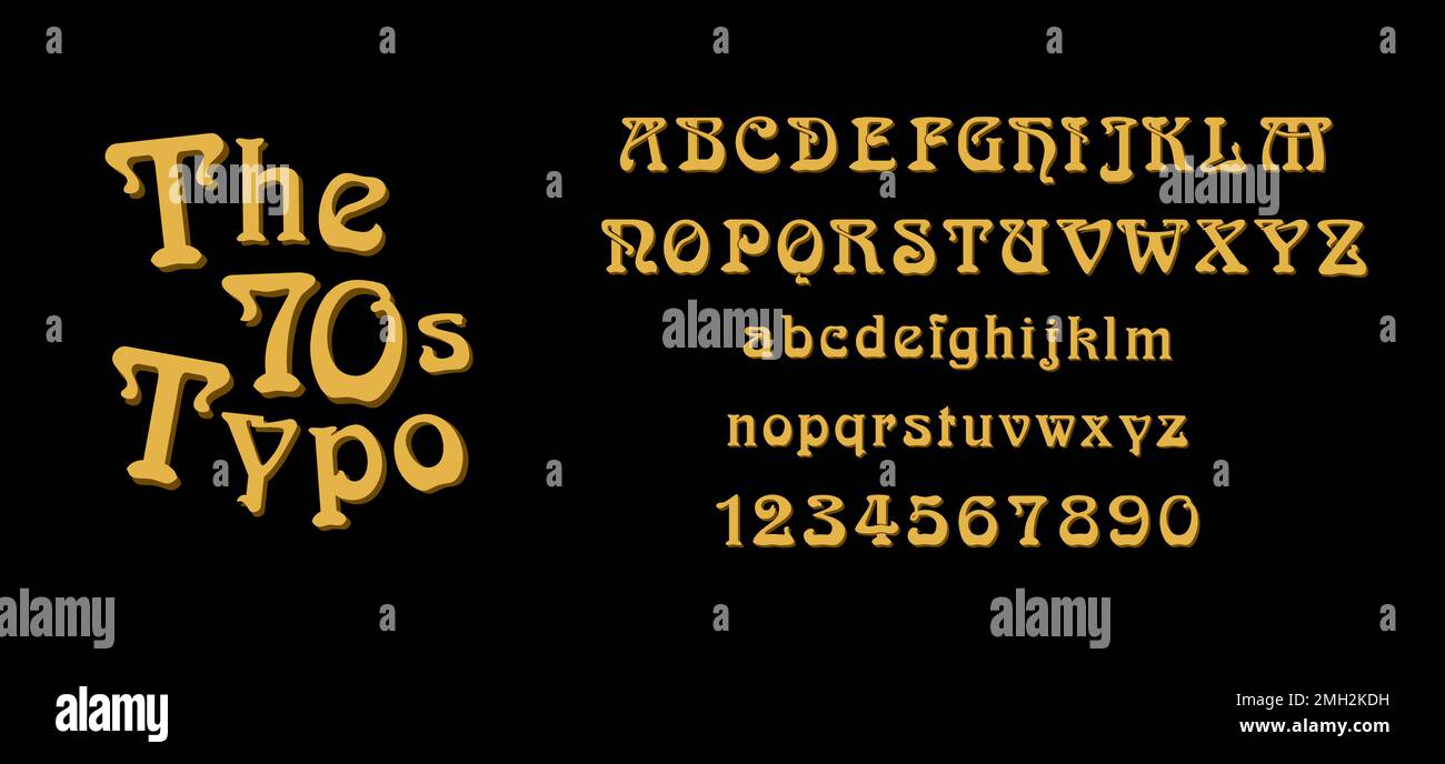 Alphabet et chiffres inspirés des années 70. Typographie influencée par woodstock. Lettres de ...