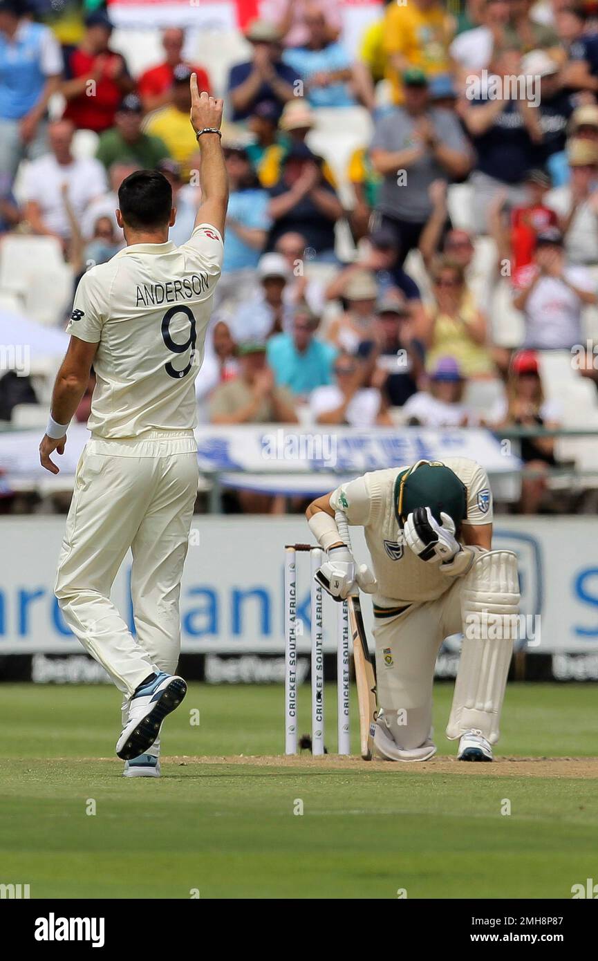 England bowler Jimmy Anderson celebrates while South African batsman ...