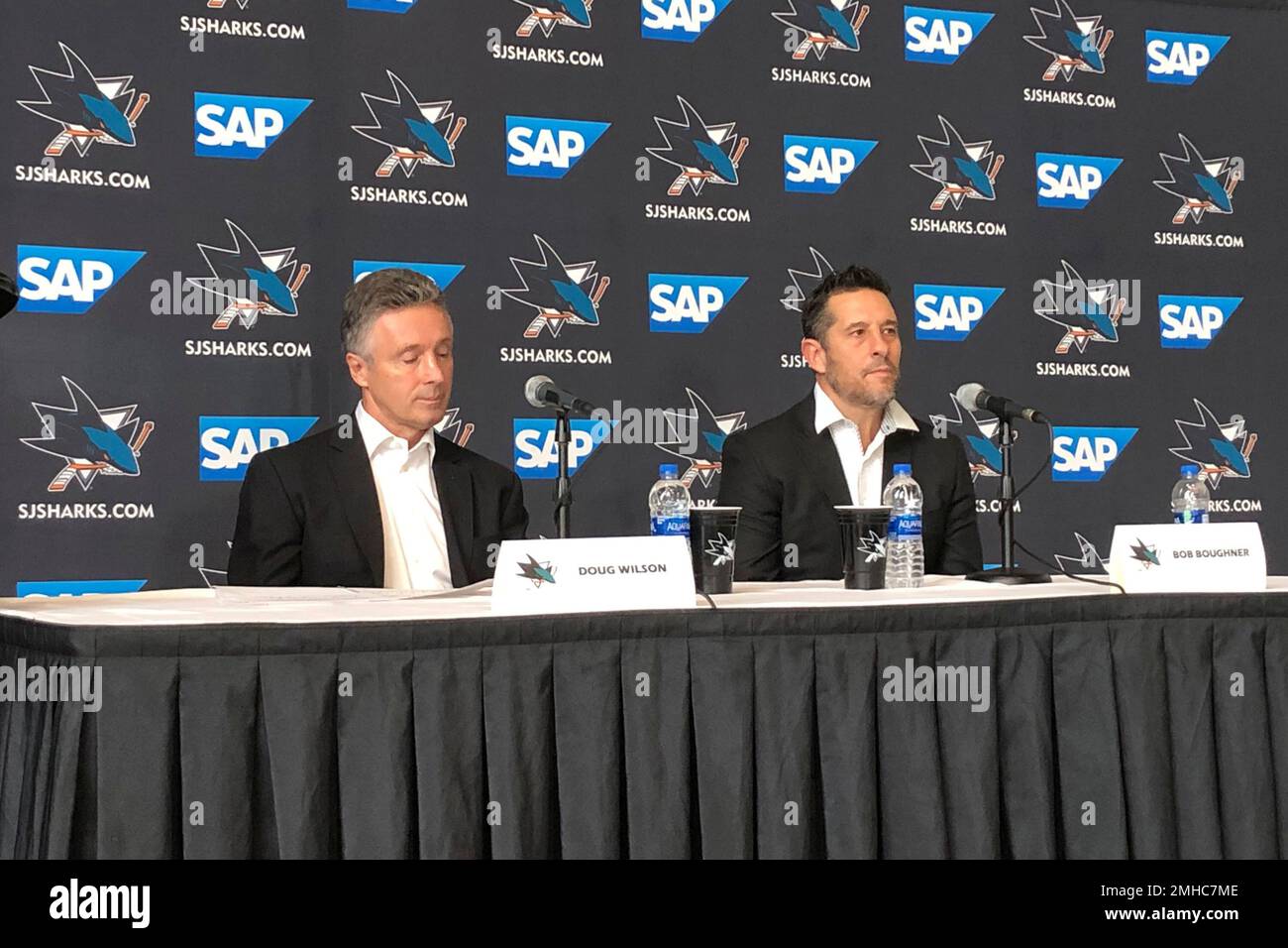 San Jose Sharks general manager Doug Wilson, left, and interim coach ...