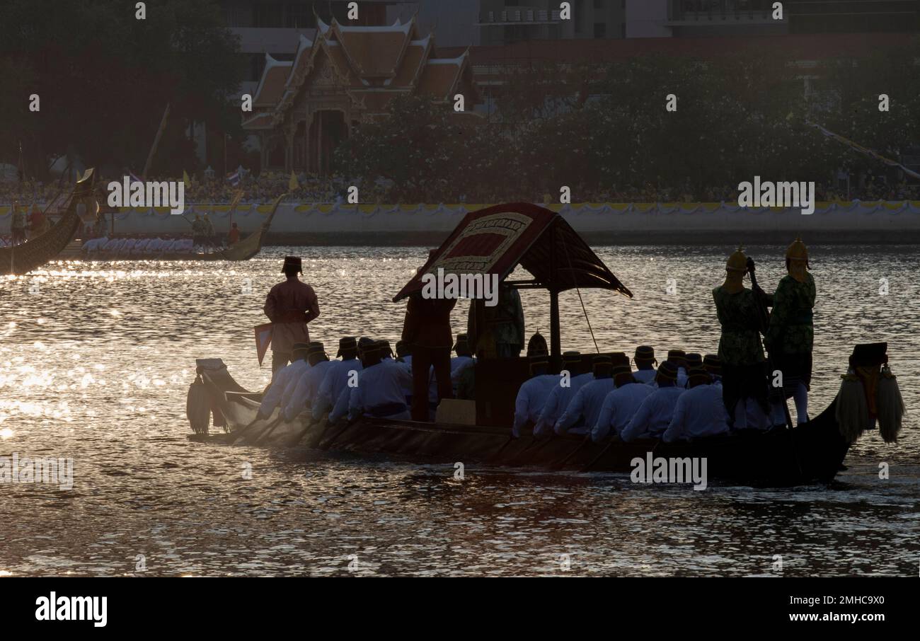 Oarsmen paddle during the Royal Barge Procession on the Chao Phraya ...