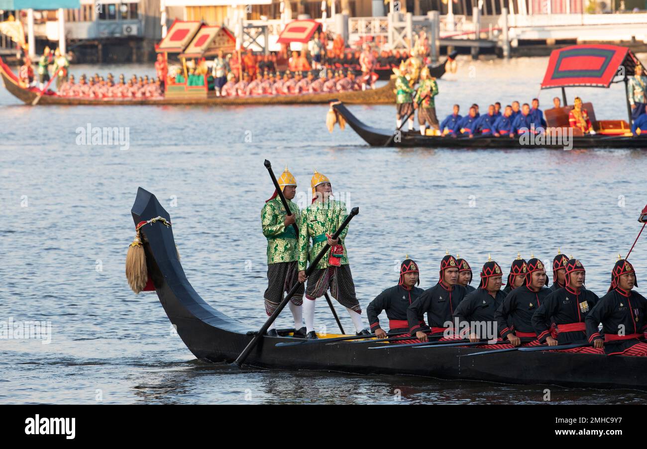 Oarsmen paddle one of the royal barges during the Royal Barge ...