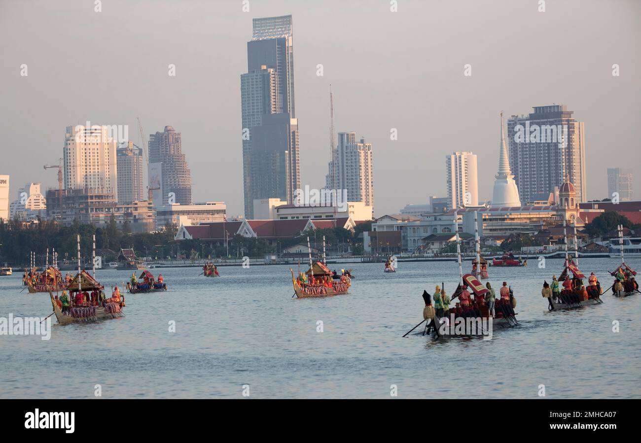 Oarsmen paddle their barges during the Royal Barge Precession on the ...