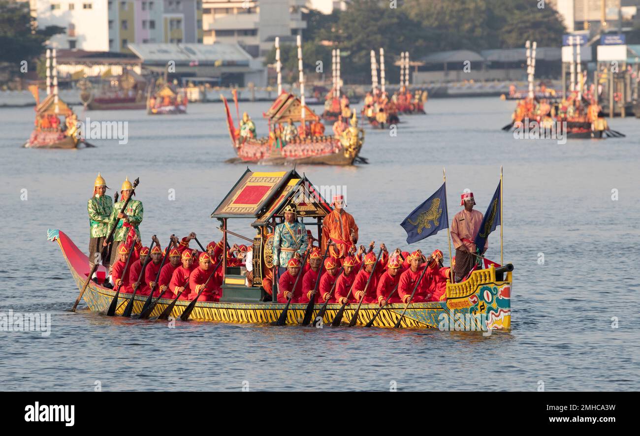Oarsmen paddle one of the royal barges during the Royal Barge ...