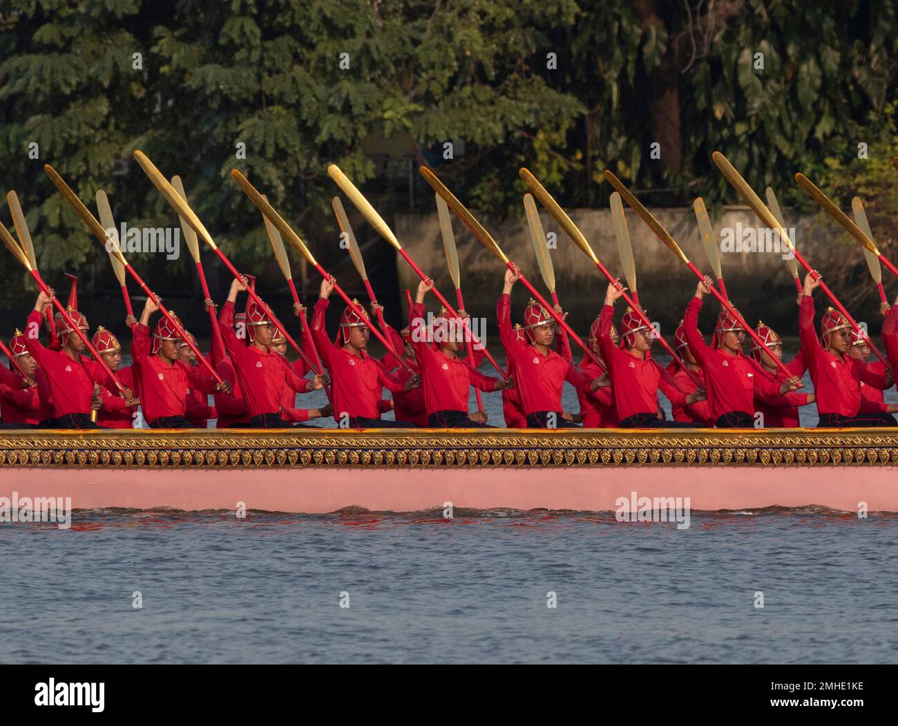 Oarsmen paddle their boat during the rehearsal for the Royal Barge ...