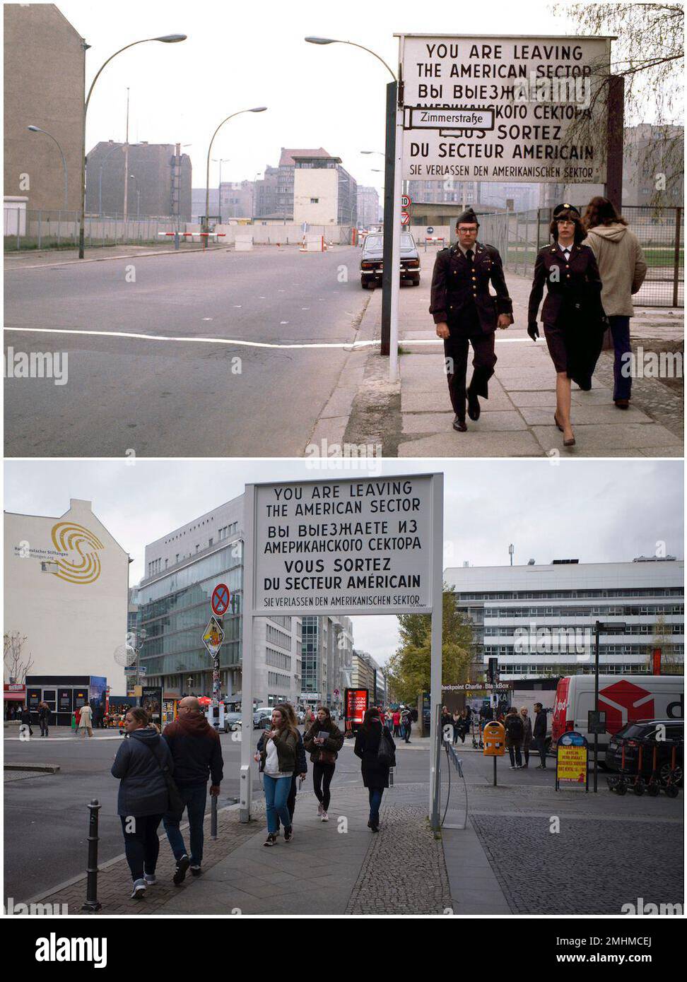 This combination of photos shows people leaving the American sector ...