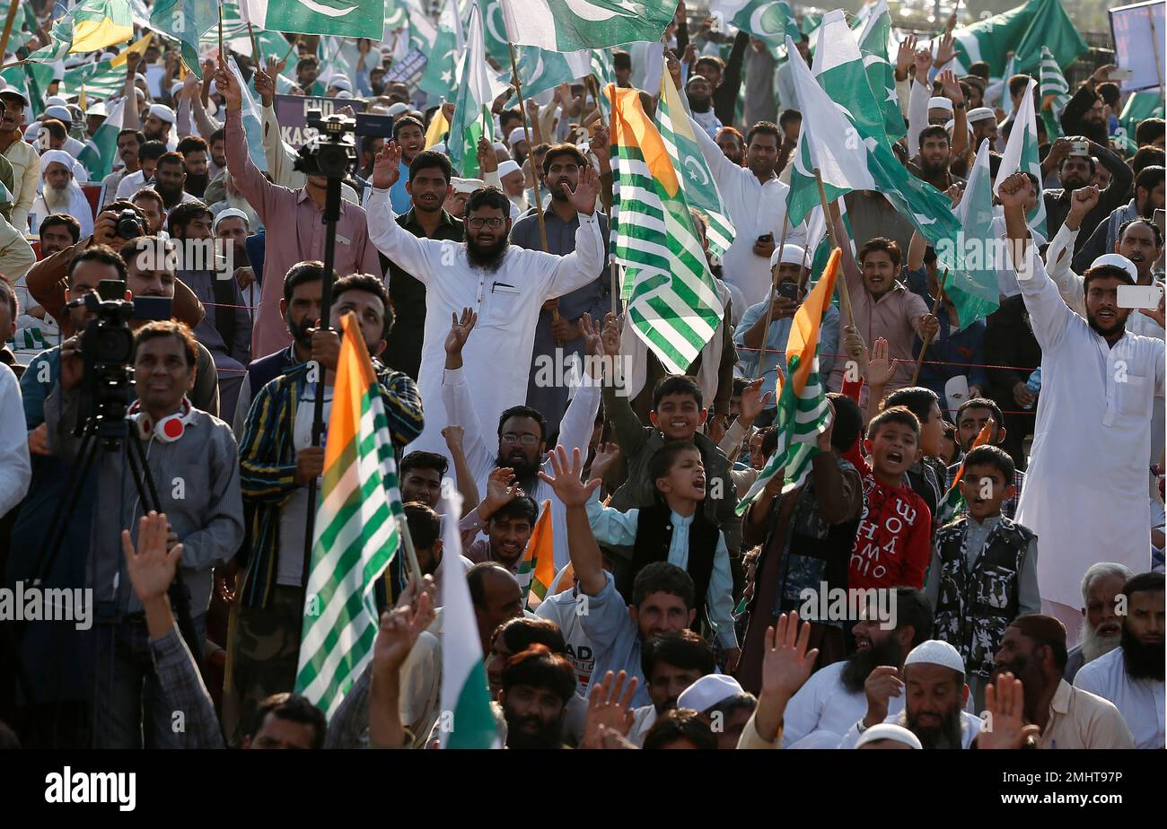 People chant anti-India slogans during a rally called by the Jammu and ...