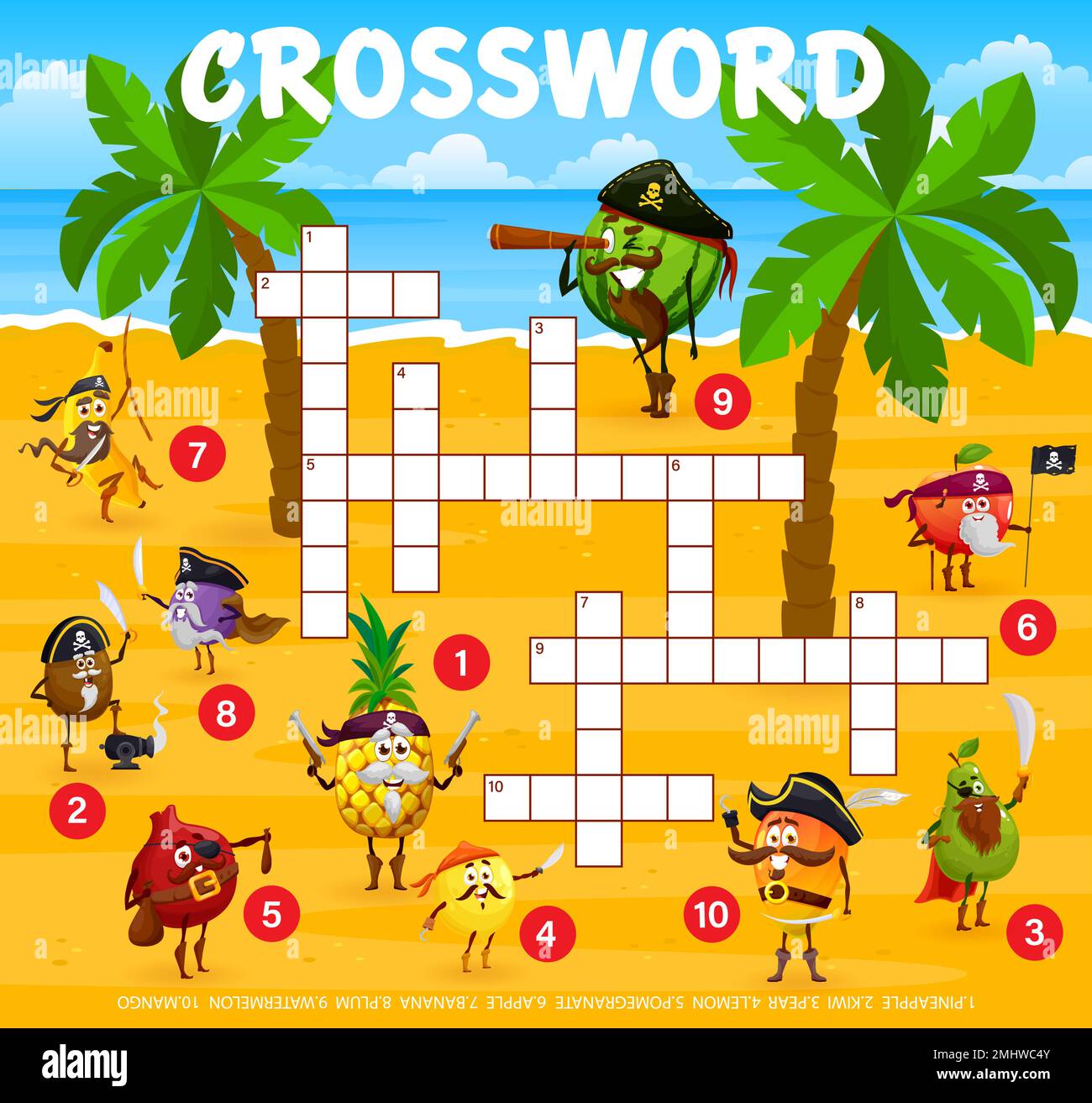 Grille de mots croisés, dessin animé drôle de pirates de fruits et de ...