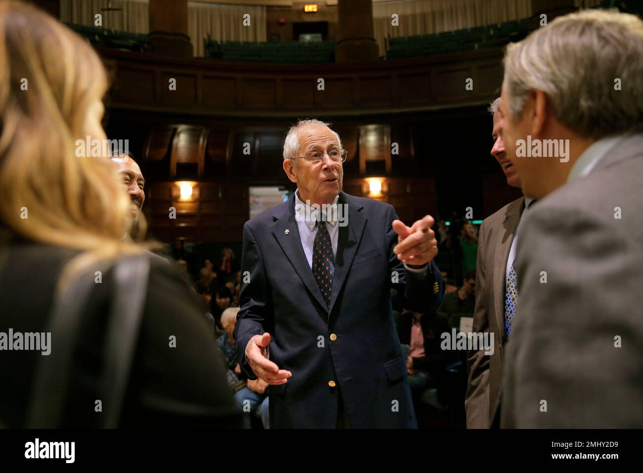 James Peebles, a 2019 Nobel laureate in physics, speaks with people ...