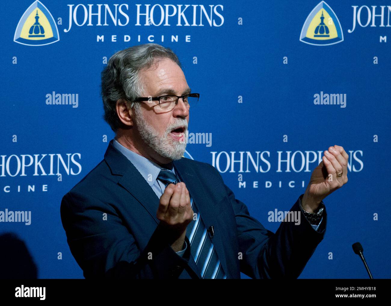 Professor Gregg L. Semenza speaks during a news conference after he was awarded the Nobel Prize ...