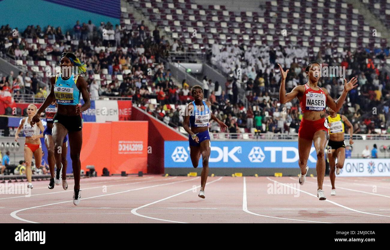 Salwa Eid Naser, of Bahrain, right, wins the gold medal in the women's ...