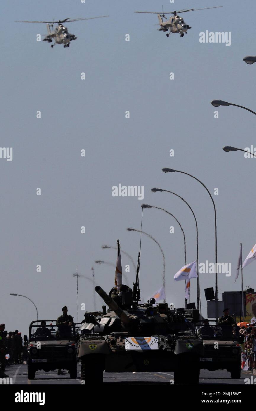 Military helicopters of Cypriot air forces, flies over a military ...