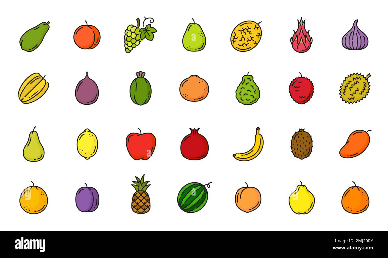 Icônes de la ligne de couleur des fruits crus. Symboles de la récolte ...