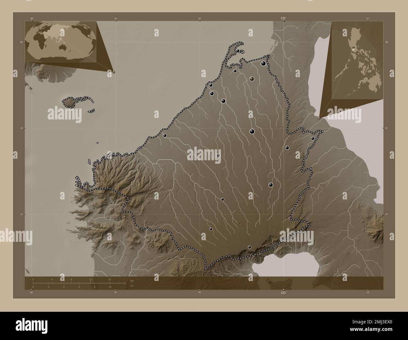 Cavite, province des Philippines. Carte d'altitude colorée en tons ...