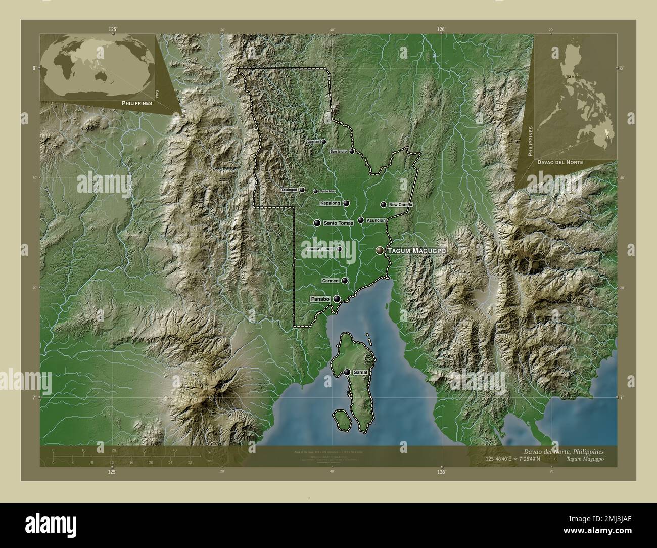 Davao del Norte, province des Philippines. Carte d'altitude colorée en ...
