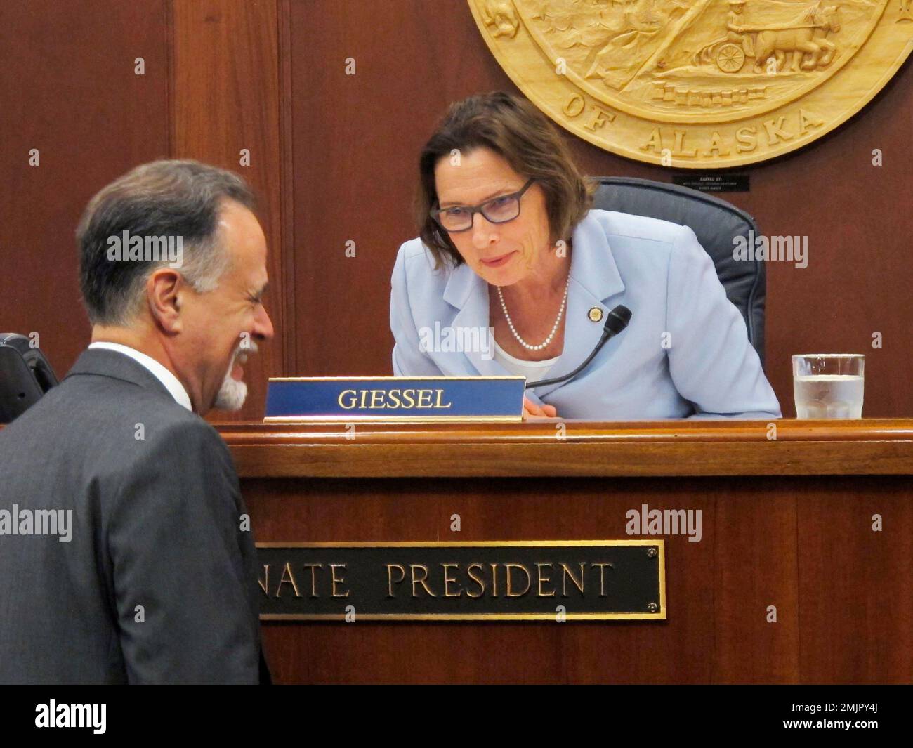 Alaska Senate President Cathy Giessel speaks with Sen. Peter Micciche ...