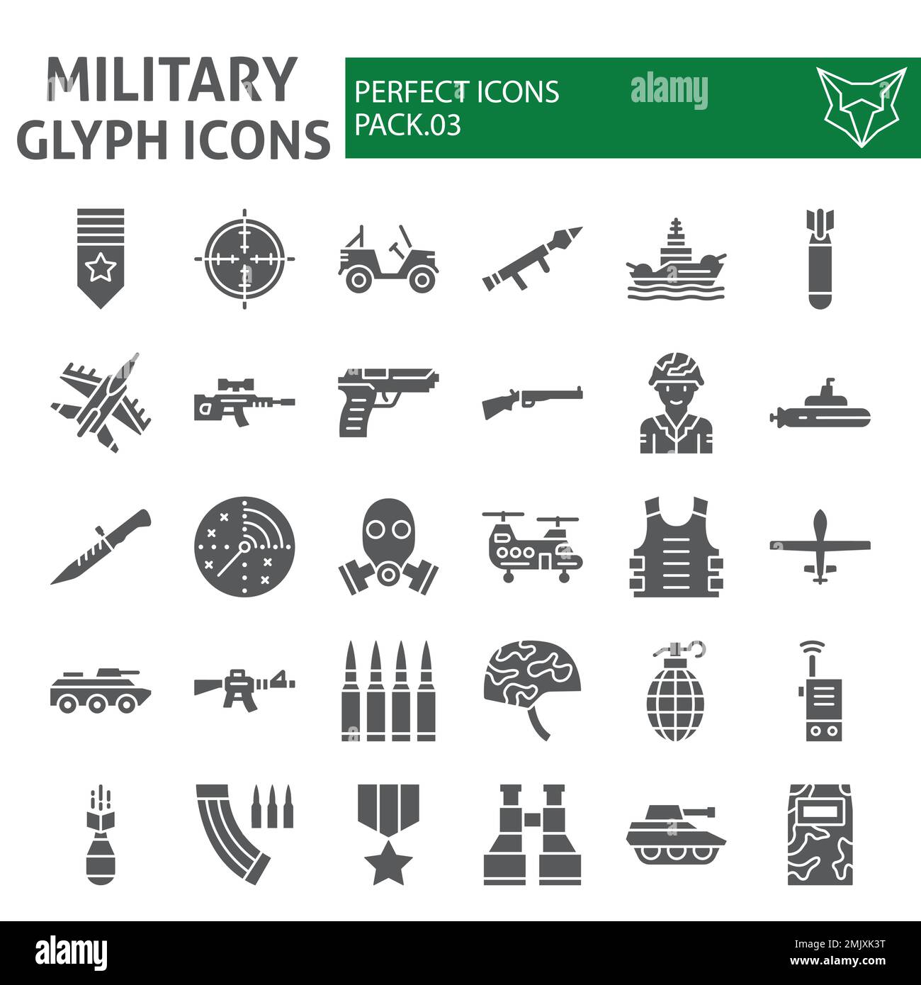 Jeu d'icônes de glyphe militaire, collection de symboles de l'armée, croquis vectoriels ...