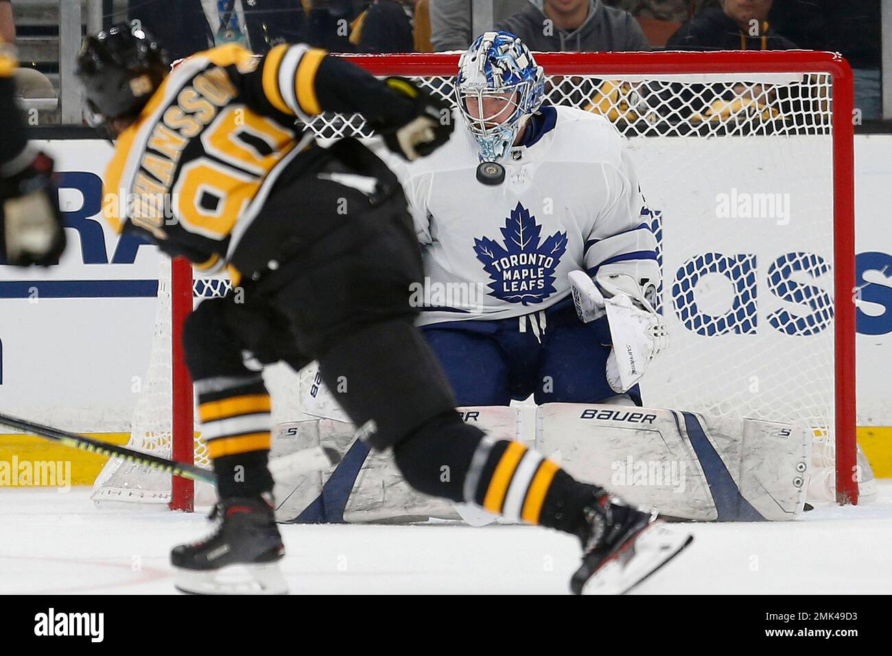 Toronto Maple Leafs' Frederik Andersen blocks a shot by Boston Bruins ...