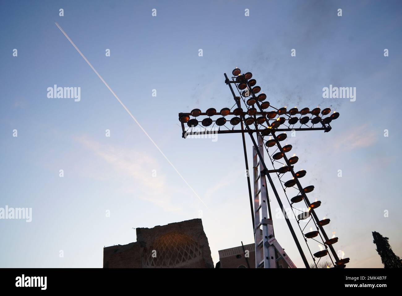 A view of the cross, lit ahead of Pope Francis arrival for the Via ...