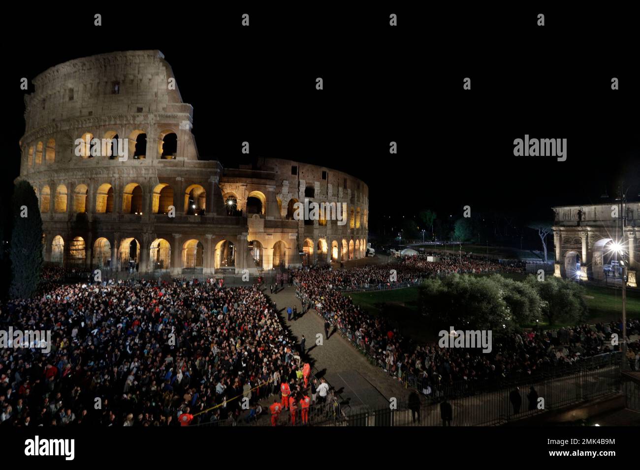 A view of the Colosseum, lit ahead of Pope Francis arrival for the Via ...