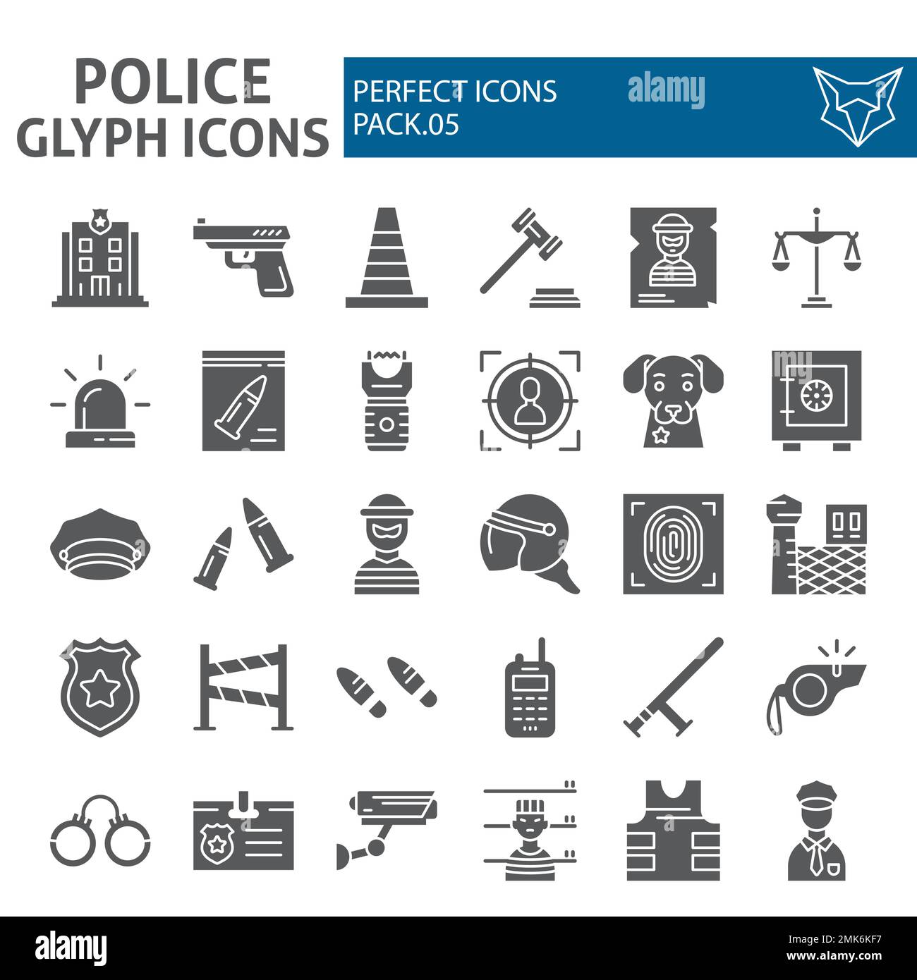 Jeu d'icônes de glyphes de police, collection de symboles de sécurité ...