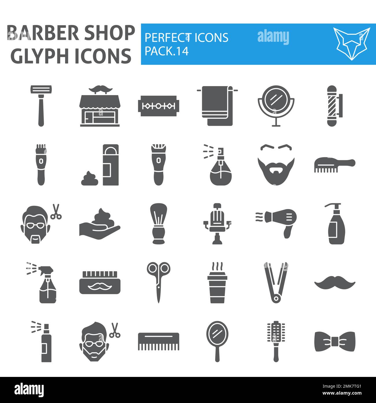 Ensemble d'icônes glyphes de salon de coiffure, collection de symboles ...