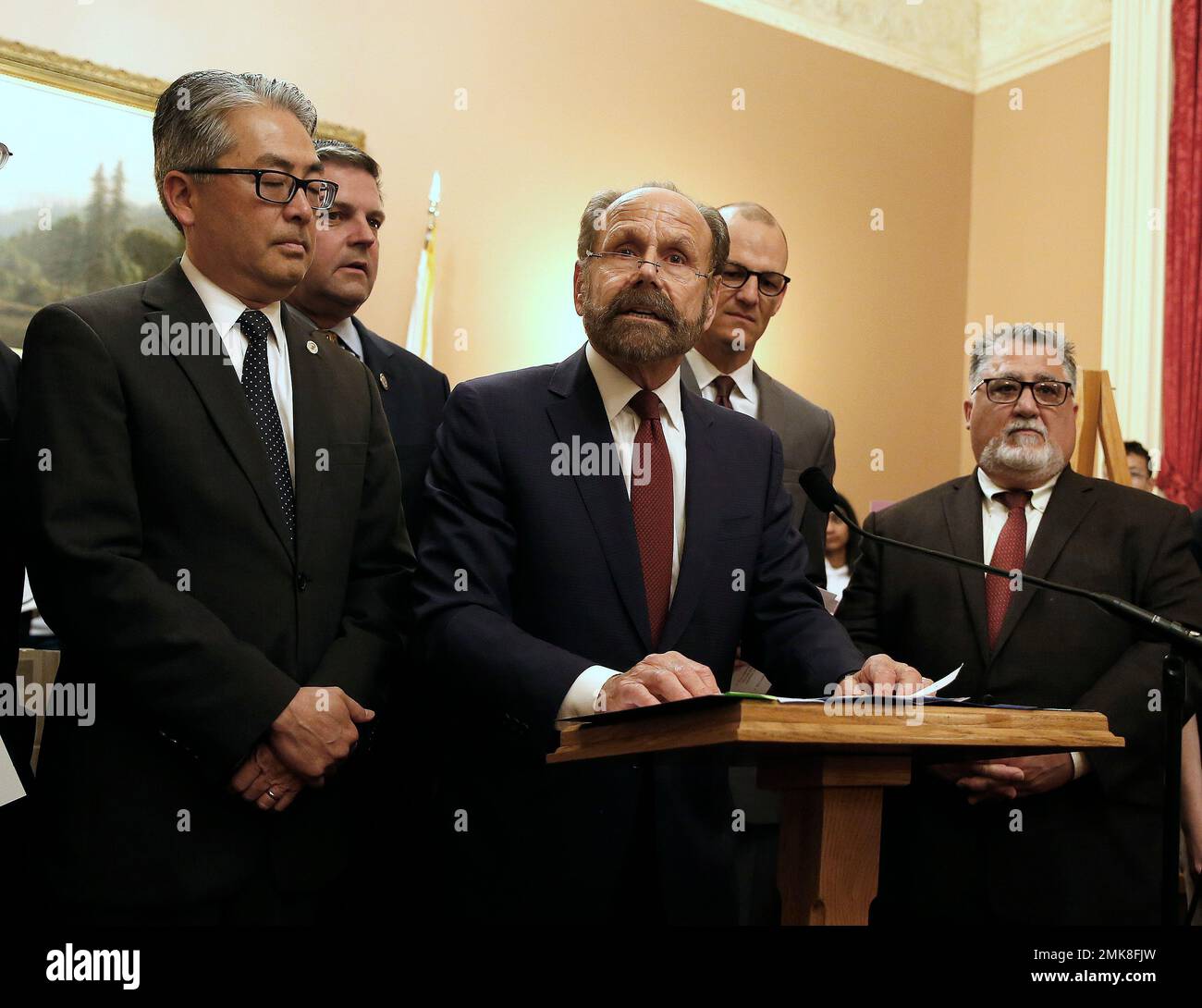 California state Sen. Jerry Hill, D-San Mateo, center, outlines his ...