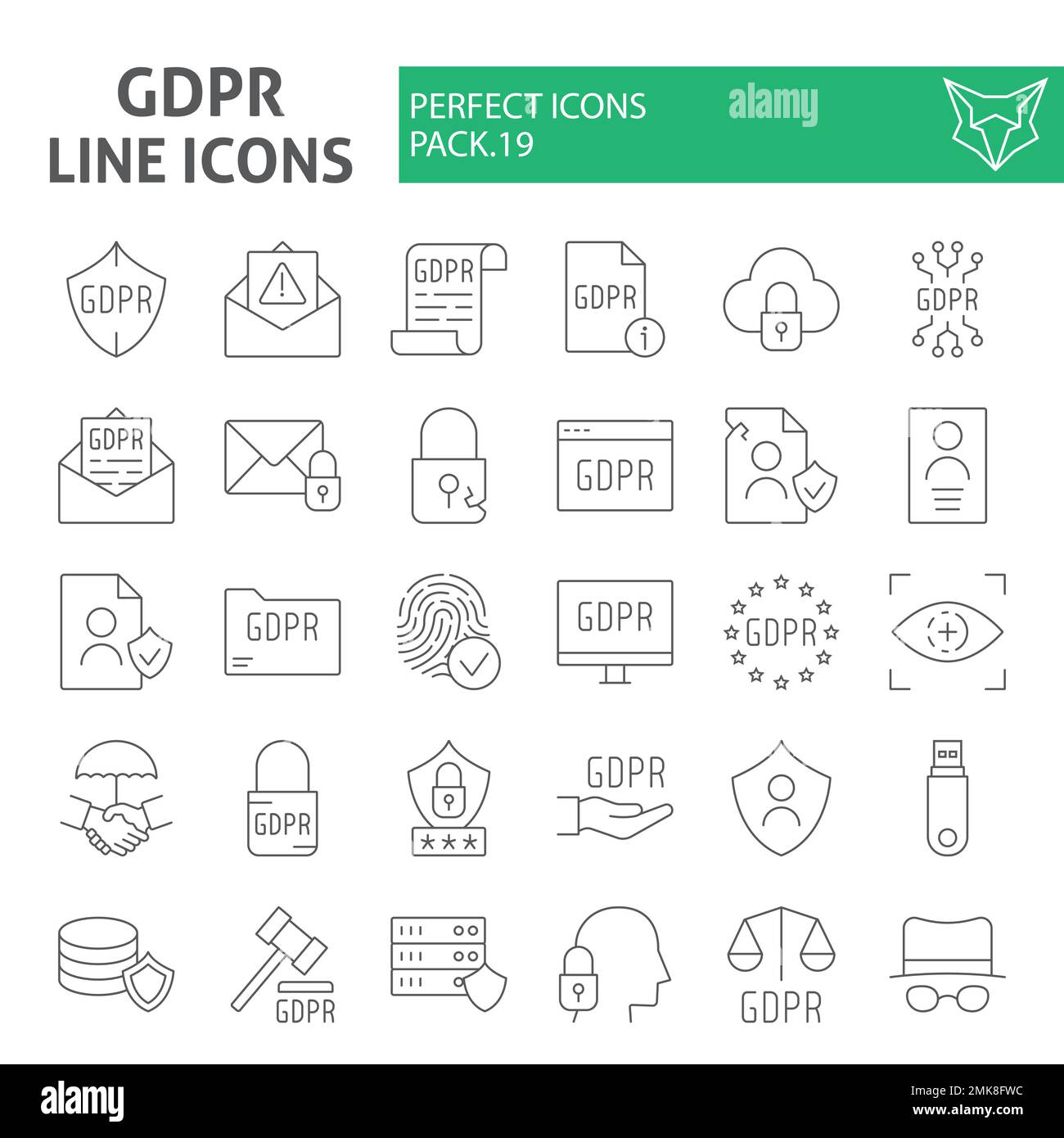 Jeu d'icônes de ligne mince GDPR, collection de symboles de ...