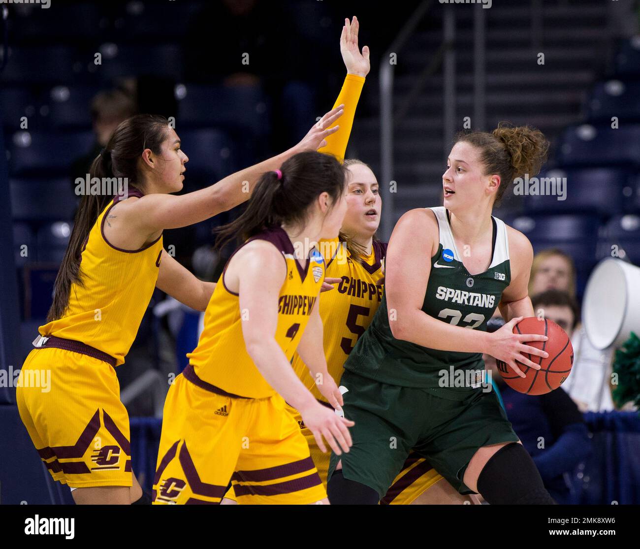 Michigan State's Jenna Allen, right, gets pressure from Central ...